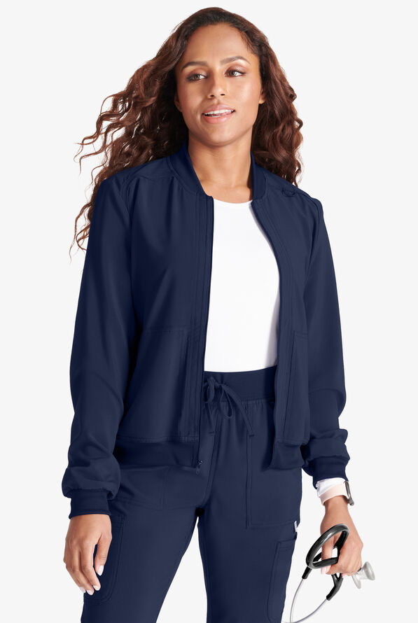 Cherokee Women's 2-Pocket STRETCH Rib-Knit Collar Zip Front Bomber ...