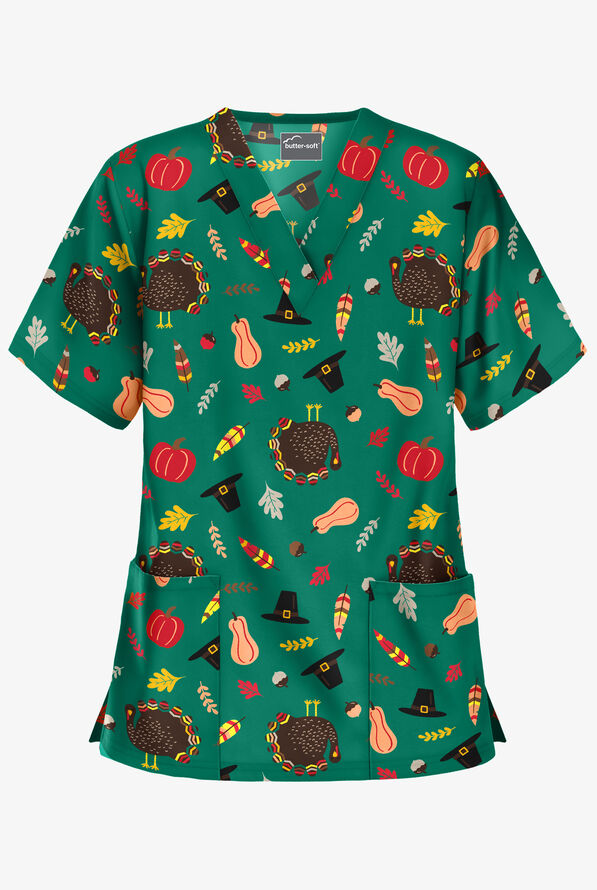 UA Butter-Soft Thanksgiving Walk Hunter Women's 2-Pocket V-Neck Print ...