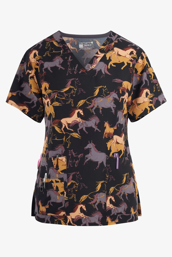 Carhartt Wild Gallop Horses Women's 5-Pocket STRETCH V-Neck Print Scrub ...