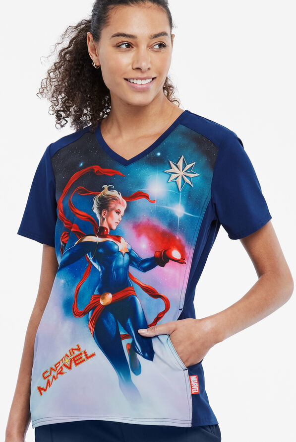 Tooniforms Marvel Captain Marvel Print Scrub Top, Disney Scrubs