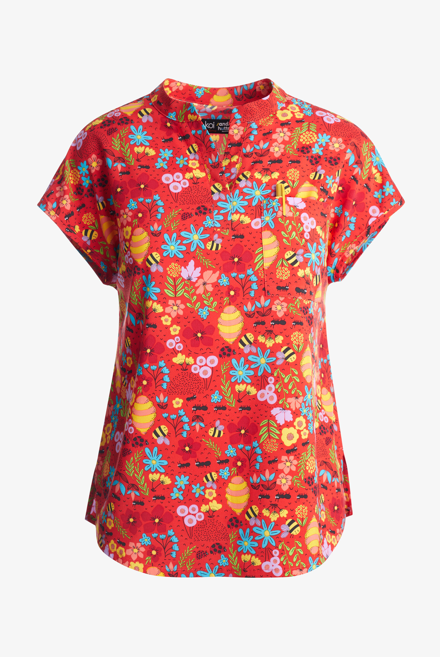 koi Basics Playful Bees and Ants Women's 1-Pocket STRETCH V-Neck Print ...