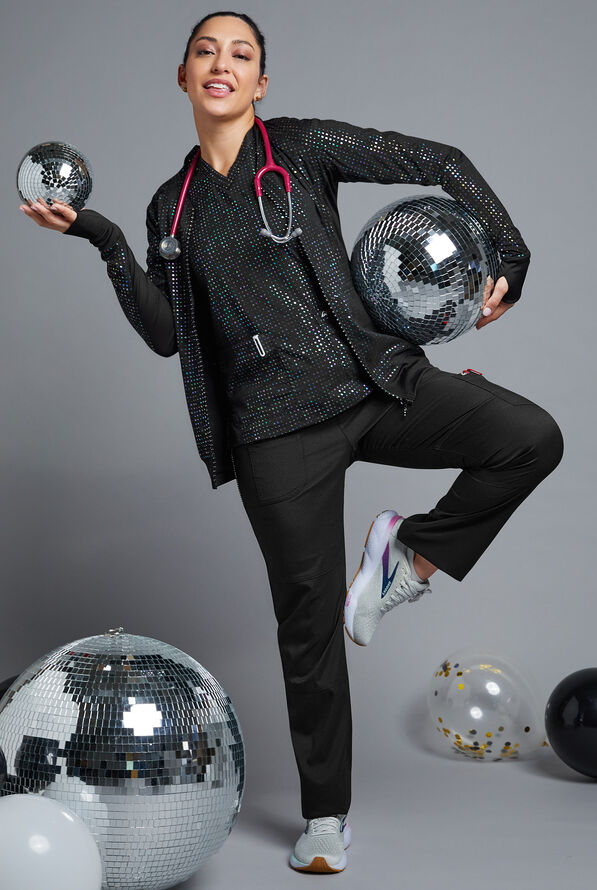 koi Lite Iridescent Black Women's 2-Pocket Zip Front Print Jacket ...