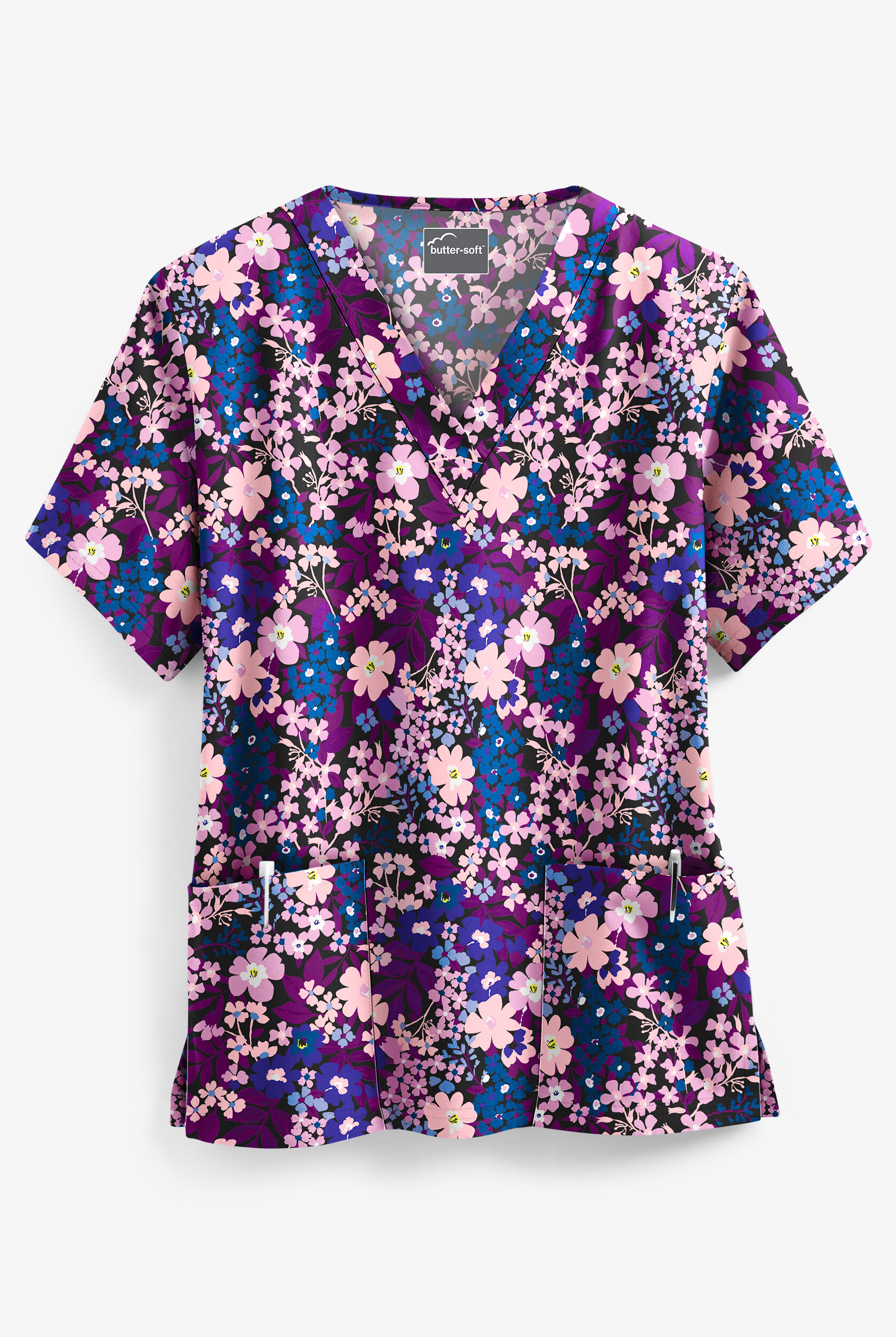 Butter-Soft Blooming Flowers Black Print Scrub Top, Floral Scrubs