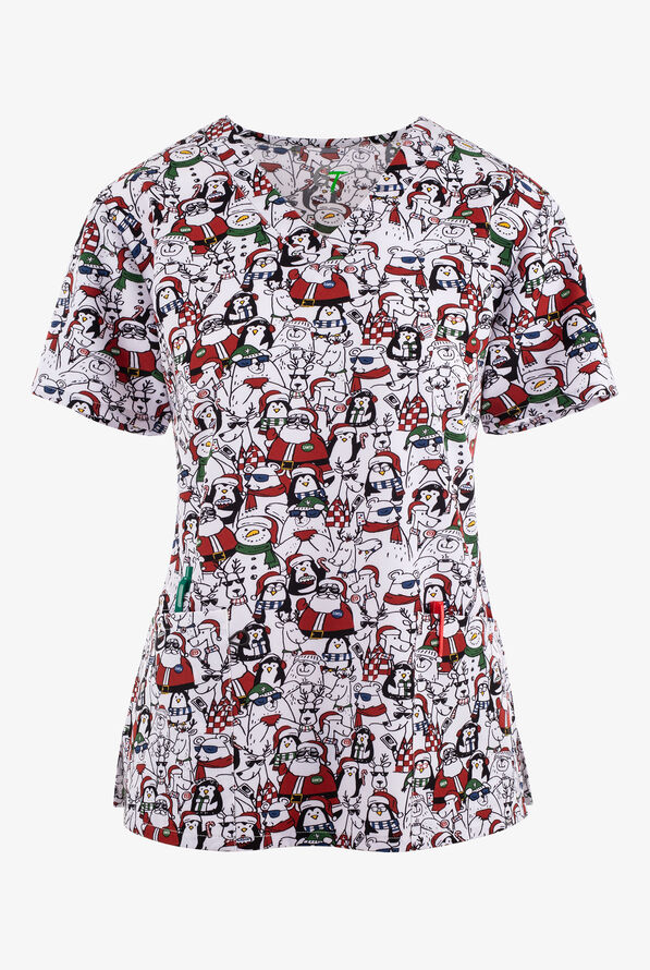 Green Town Santa! Christmas Women's 3-Pocket STRETCH V-Neck Print Scrub ...