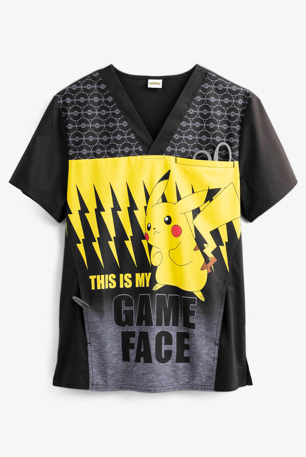 Cherokee Tooniforms Pok mon Game Face Print Scrub Top, Print Scrubs