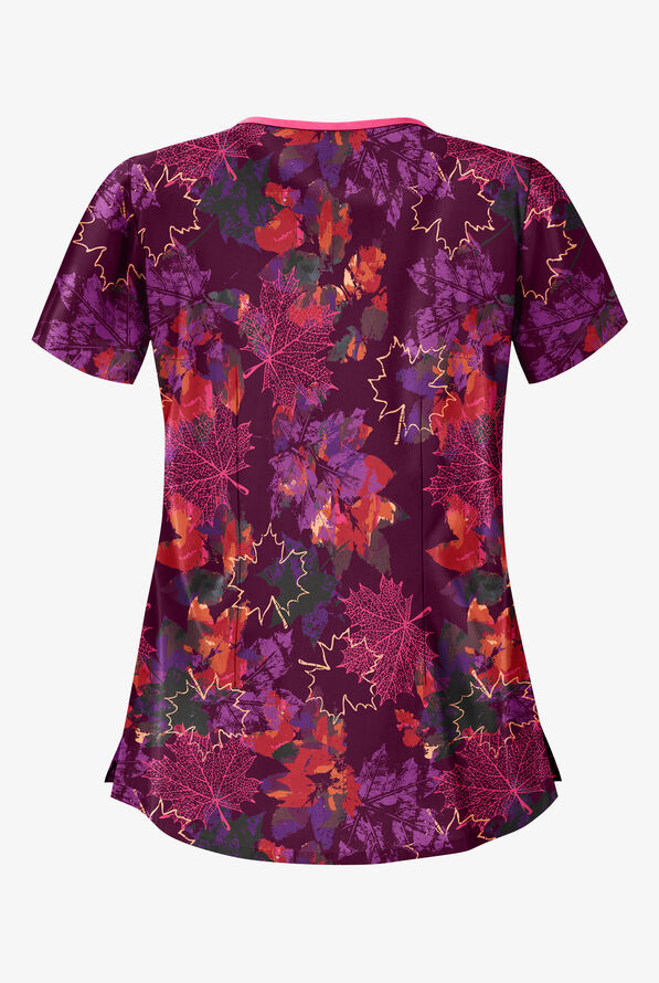 Butter-Soft Autumn Park Wine Women's 4-Pocket Asymmetrical Print Scrub ...