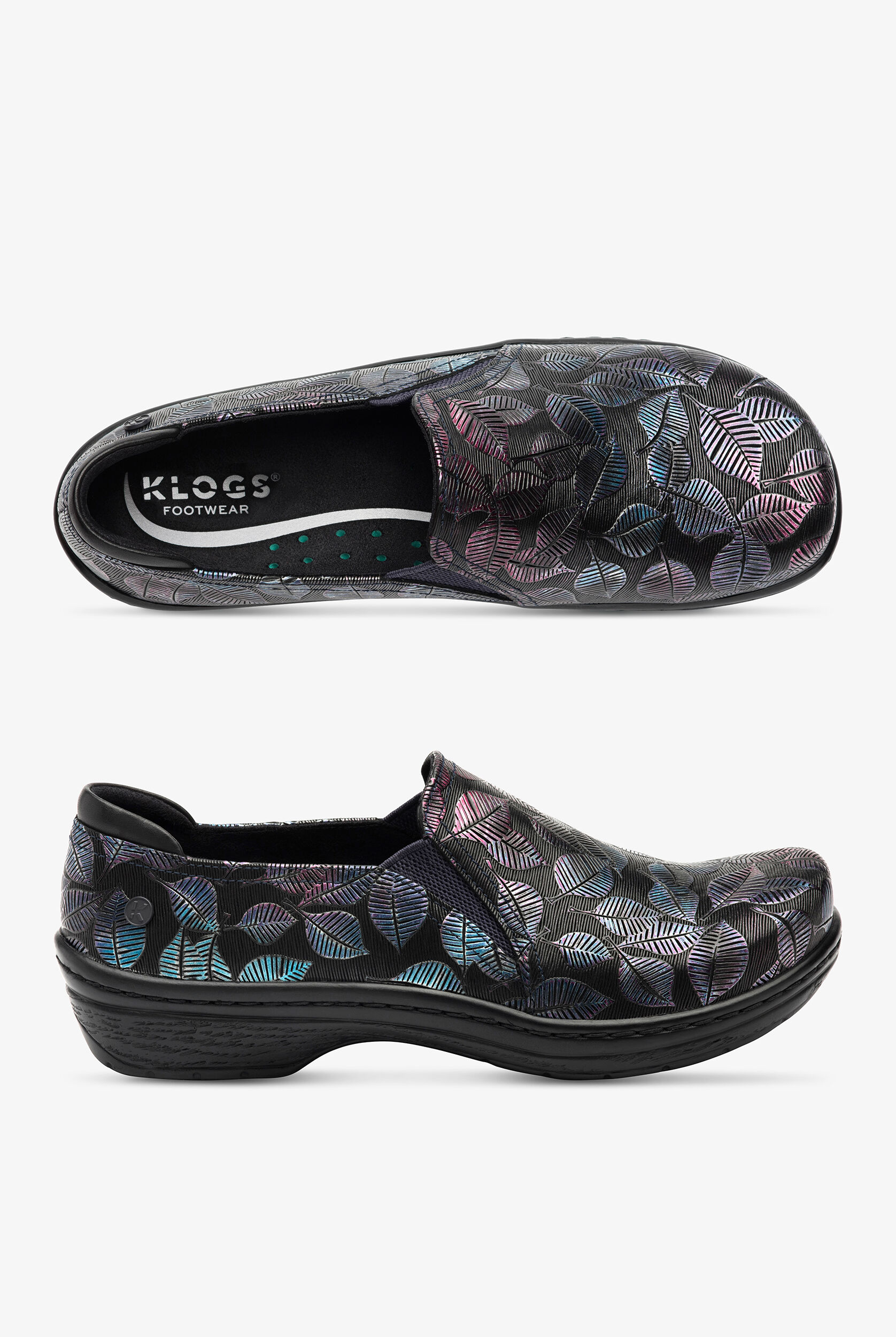 Klogs Moxy Blue/Purple Leaves Leather Slip On Clogs, Medical Footwear