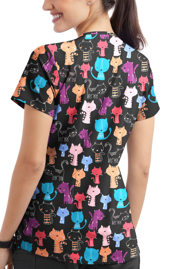 Strictly Scrubs Paris Cats Black Women's 4-Pocket Rounded V-Neck Print ...