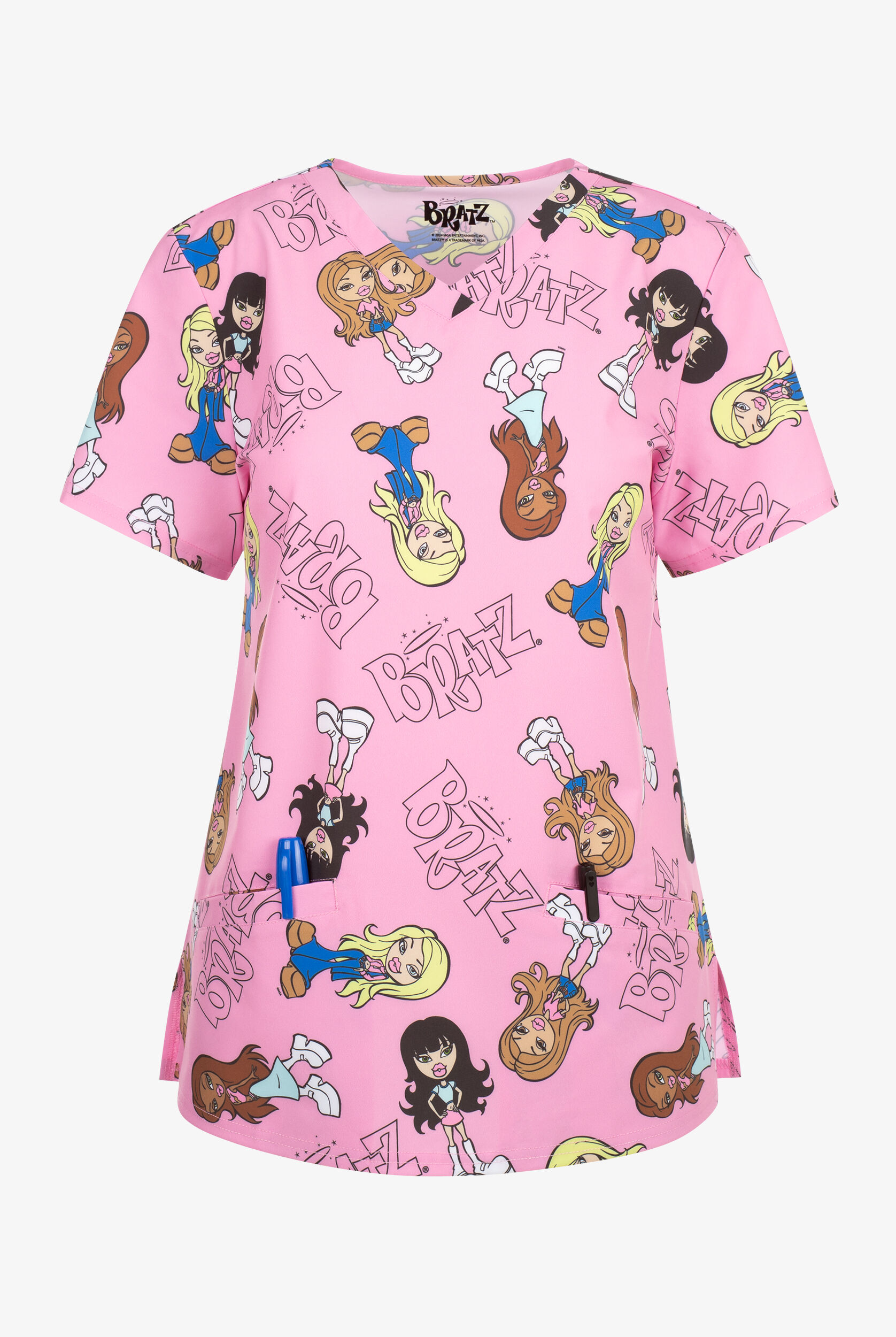 FUNSCRUBS Bratz Women's 2-Pocket STRETCH V-Neck Print Scrub Top ...