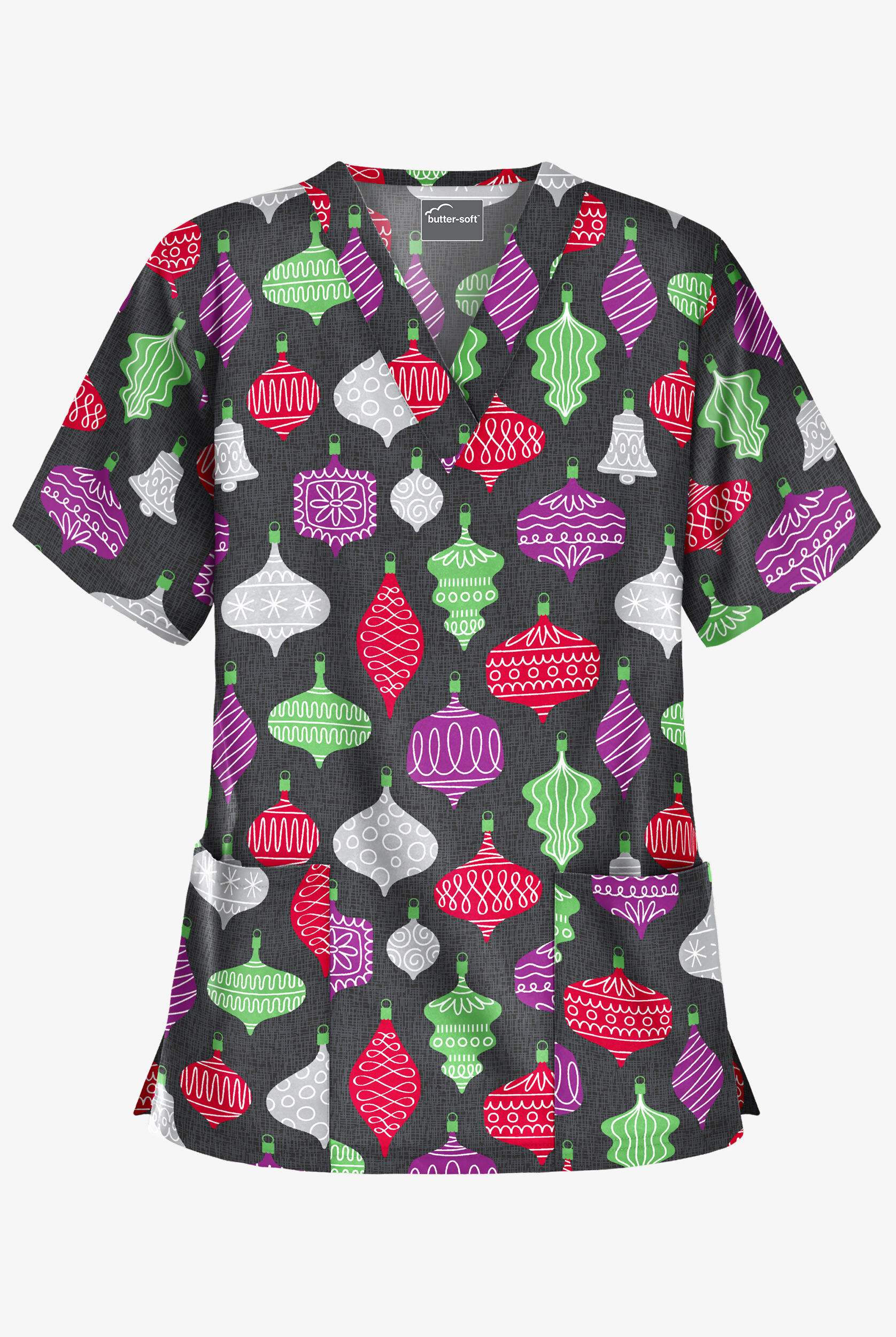 UA Butter-Soft Festive Ornaments Black Printed Women's 2-Pocket V-Neck ...