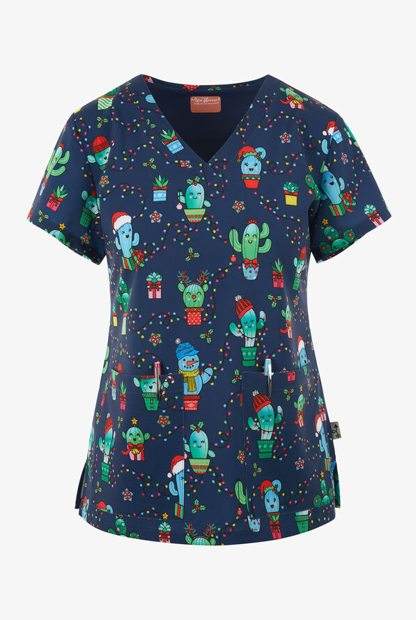 Zavate Ava Therese Cozy Cactus Holiday Women's 2-Pocket STRETCH V-Neck ...