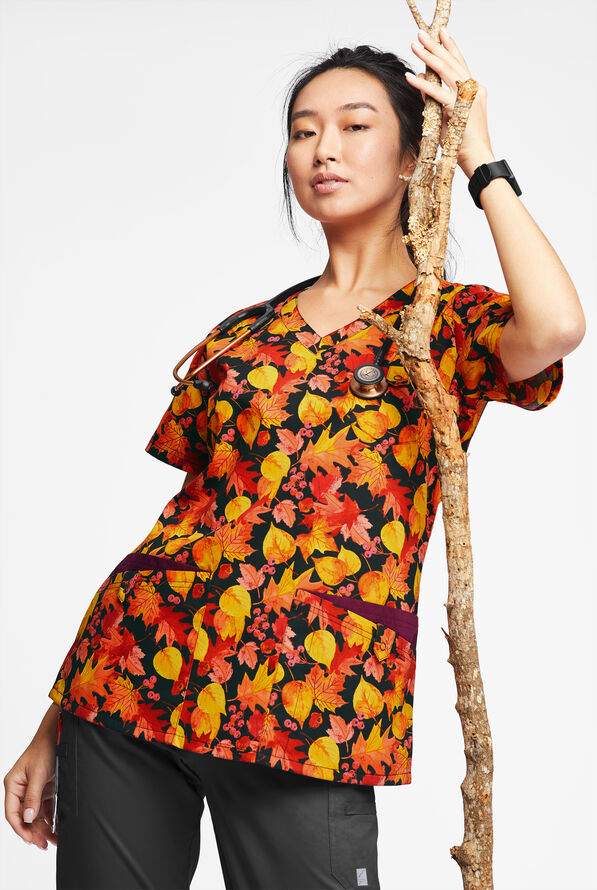 Butter-Soft September Leaves Black Printed Women's 5-Pocket Rounded V ...