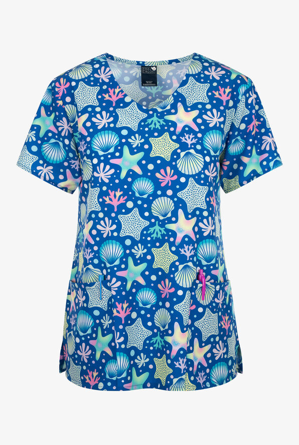 Zoe & Chloe Starfish Wish Women's 2-Pocket STRETCH V-Neck Print Scrub ...