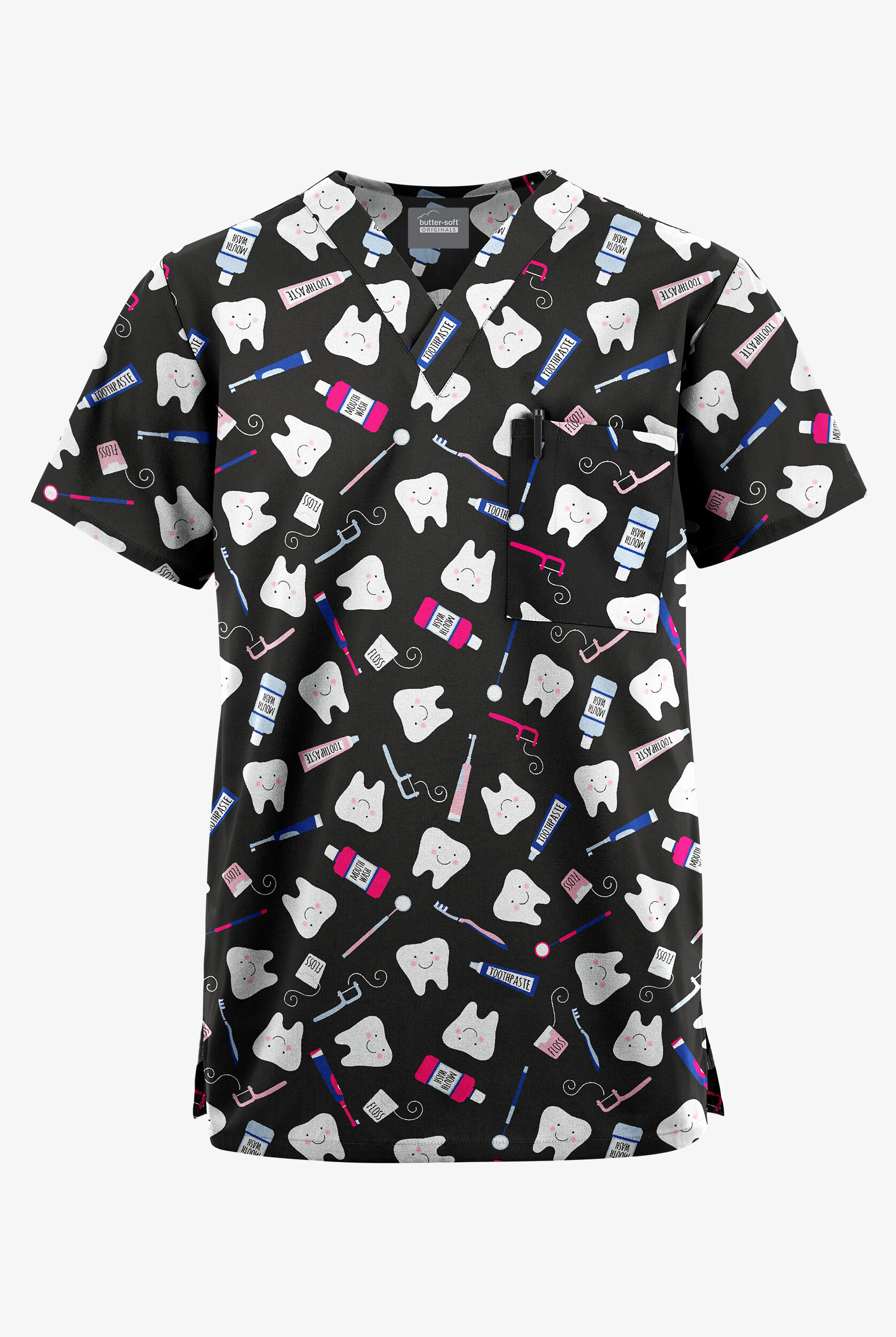 Butter-Soft Originals Happy Smile Black Printed Unisex 1-Pocket V-Neck ...
