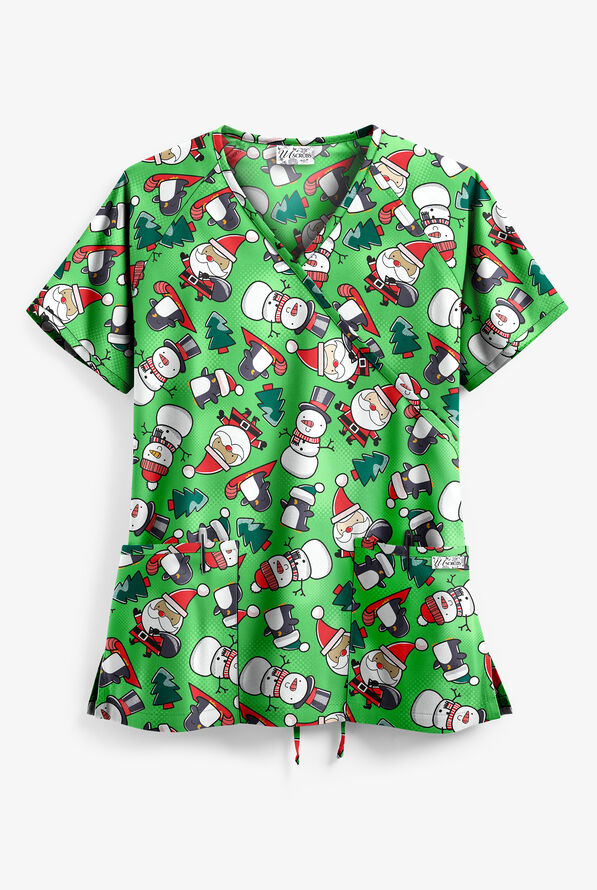 UA Christmas with Santa Gecko Mock Wrap Scrub Top, Holiday Scrubs
