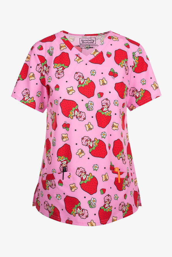 FUNSCRUBS Strawberry Shortcake Women's 2-Pocket STRETCH V-Neck Print ...