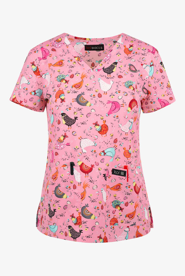 koi Basics Hen House Women's 2-Pocket STRETCH V-Neck Print Scrub Top ...