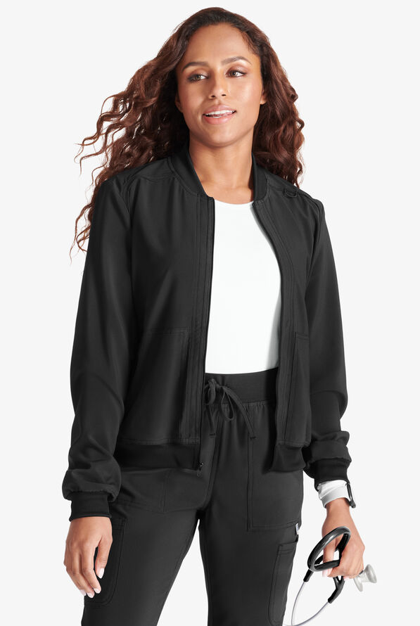 Cherokee Women's 2-Pocket STRETCH Rib-Knit Collar Zip Front Bomber ...