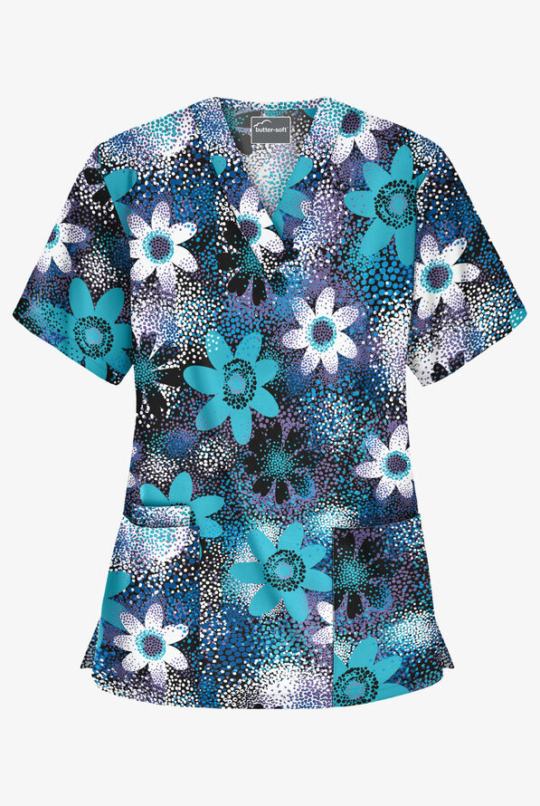 UA Butter-Soft Pop Art Floral Black Printed Women's 3-Pocket V-Neck ...