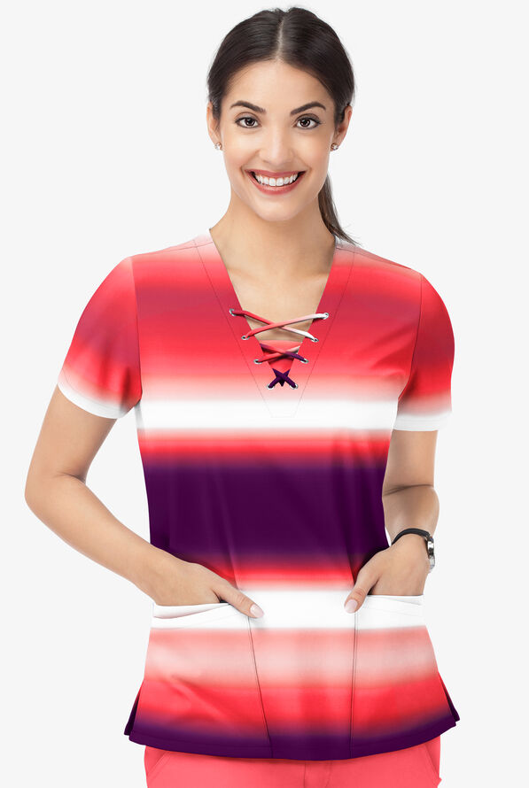 Easy STRETCH Subtle Stripes Bright Coral Print Scrub Top, UA Scrubs