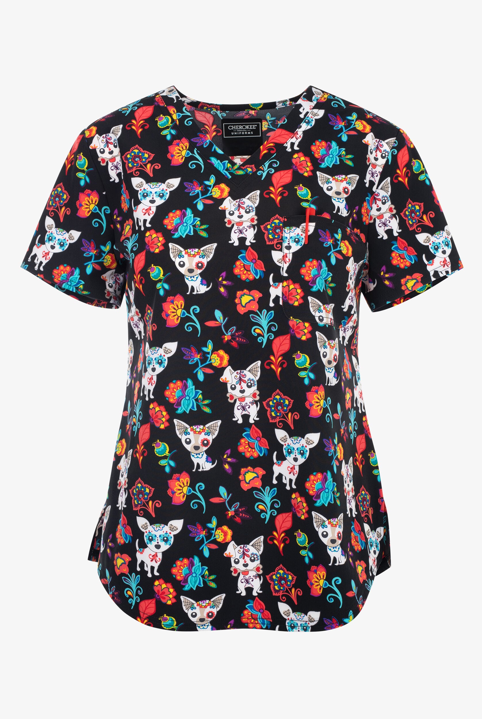 Cherokee Sugar Skull Pups Women's 2-Pocket STRETCH V-Neck Print Scrub ...