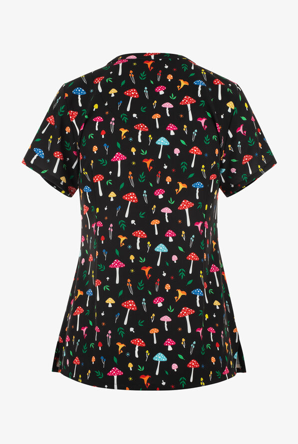 Maevn Mushroom Madness Women's 3-Pocket STRETCH V-Neck Print Scrub Top ...