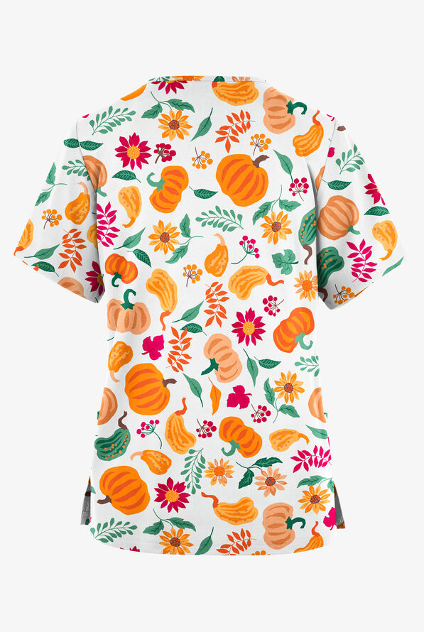 Butter-Soft Originals Fall Harvest White Printed Women's 2-Pocket V ...