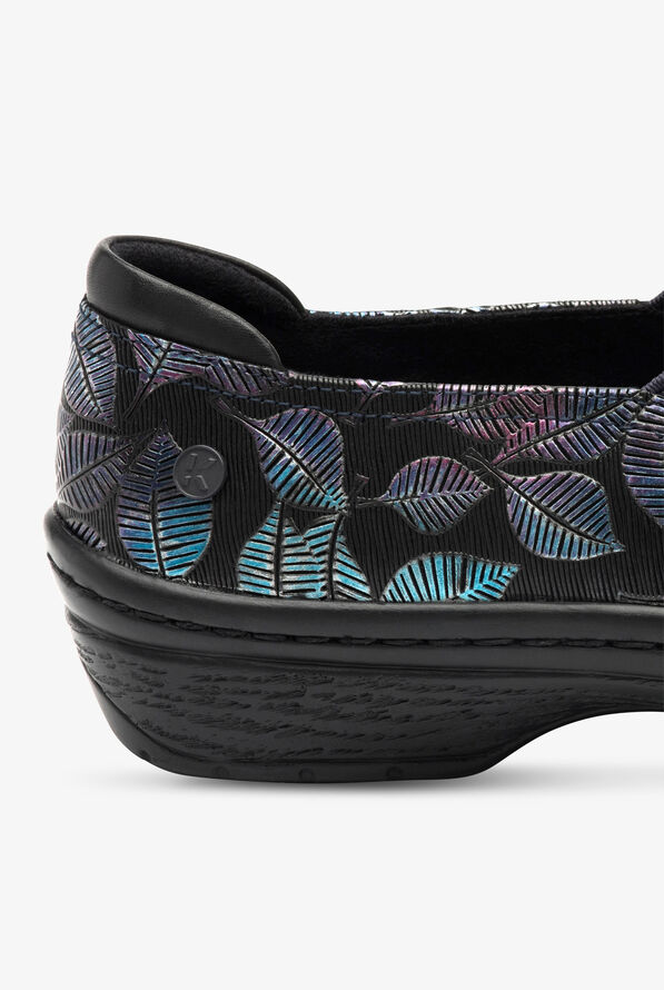 Klogs Moxy Blue/Purple Leaves Leather Slip On Clogs, Medical Footwear
