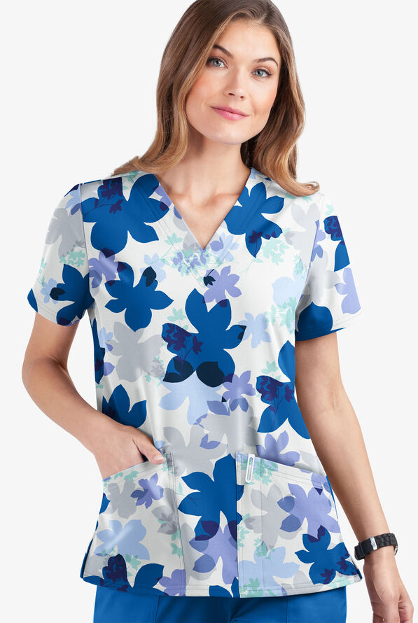 UA Butter-Soft STRETCH Floral White Printed Scrub Top, Print Scrubs