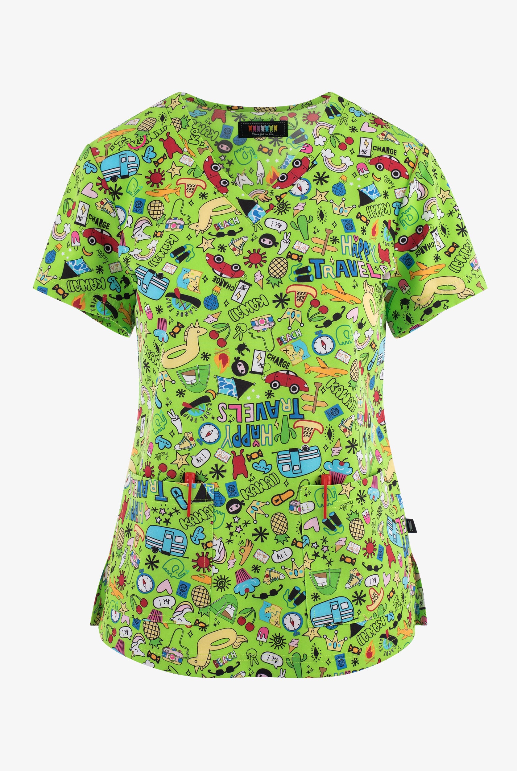 French Bull Happy Trail Travels Women's 2-Pocket STRETCH V-Neck Print ...