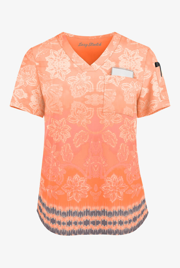 Easy STRETCH Tinted Blossoms Coral Sunset Women's Top, Floral Scrubs