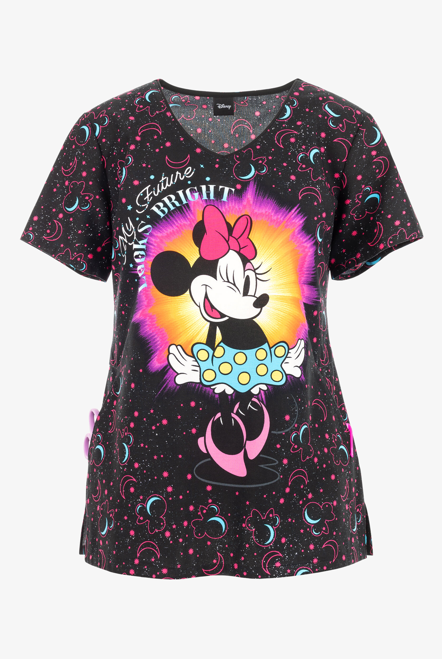 Tooniforms My Bright Future Minnie Mouse Women's 2-Pocket V-Neck Print ...
