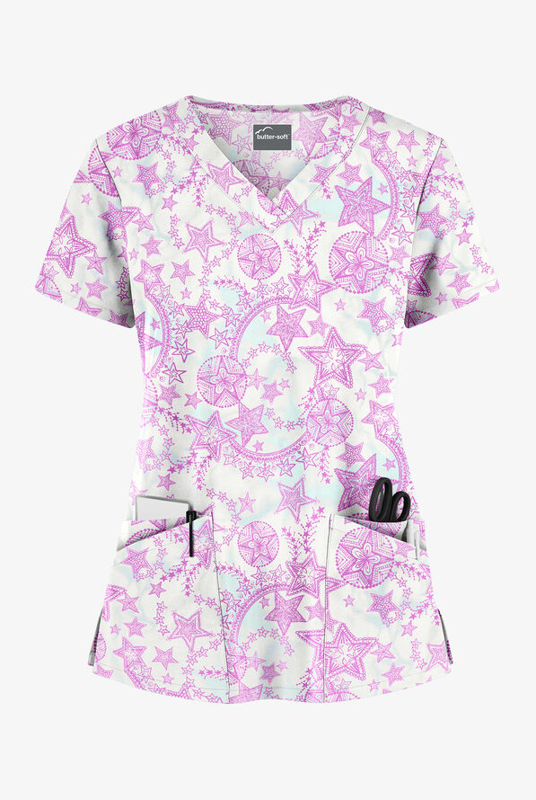 Butter-Soft Cosmic Stars Orchid Women's 4-Pocket Top, Stretch Scrubs