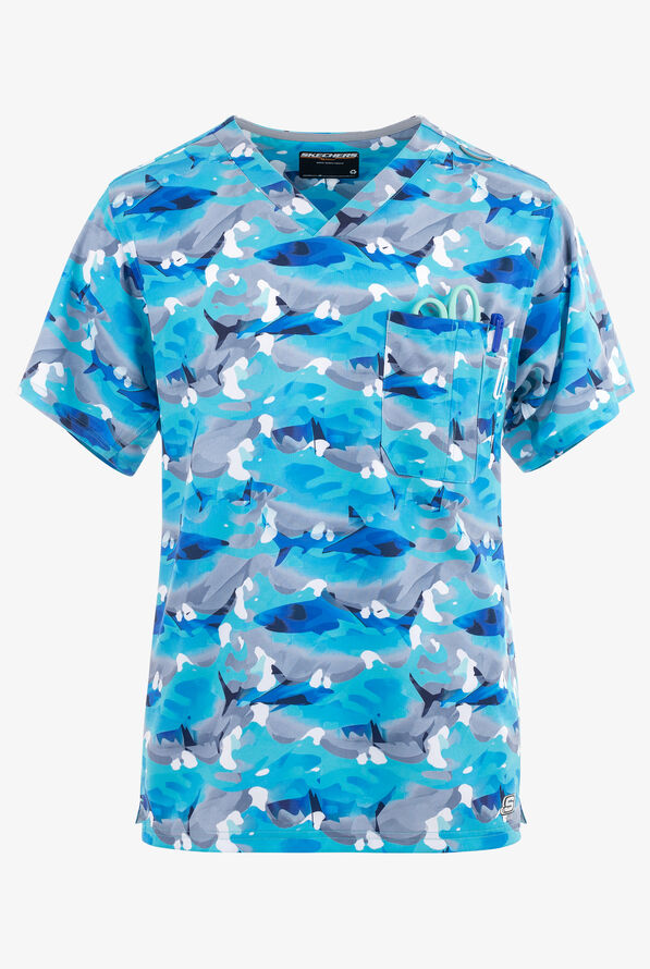 Skechers by Barco Shark Camo Men's 1-Pocket STRETCH V-Neck Print Scrub ...