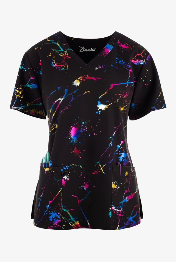Zinnia Foil Splatter Black Abstract Women's 3-Pocket STRETCH V-Neck ...