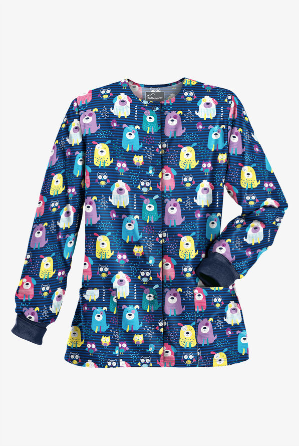 Butter-Soft Yard Friends Navy 2-Pocket Print Jacket, Veterinary Scrubs