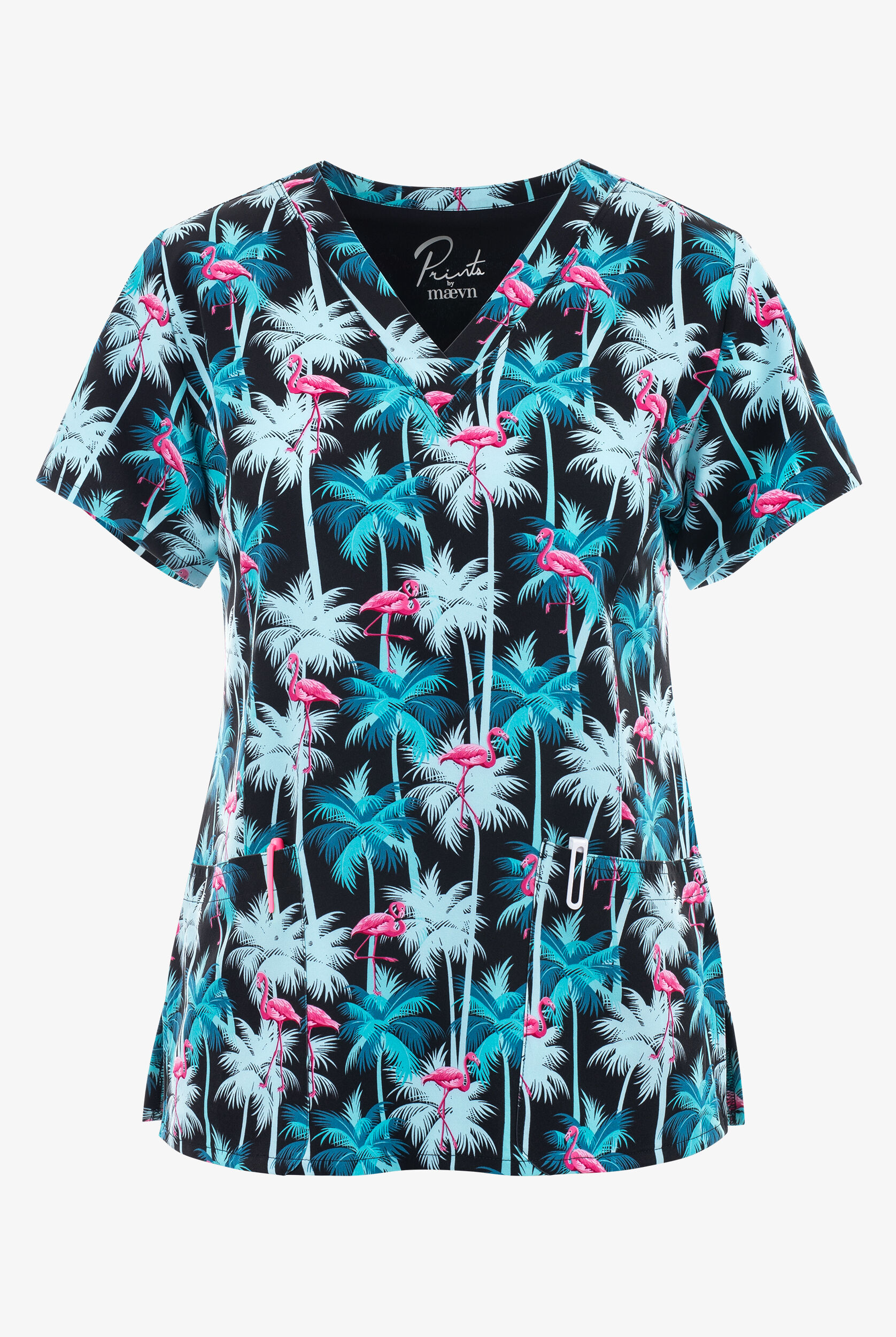 Maevn Vacation Mode Flamingo Women's 3-Pocket V-Neck Print Scrub Top ...