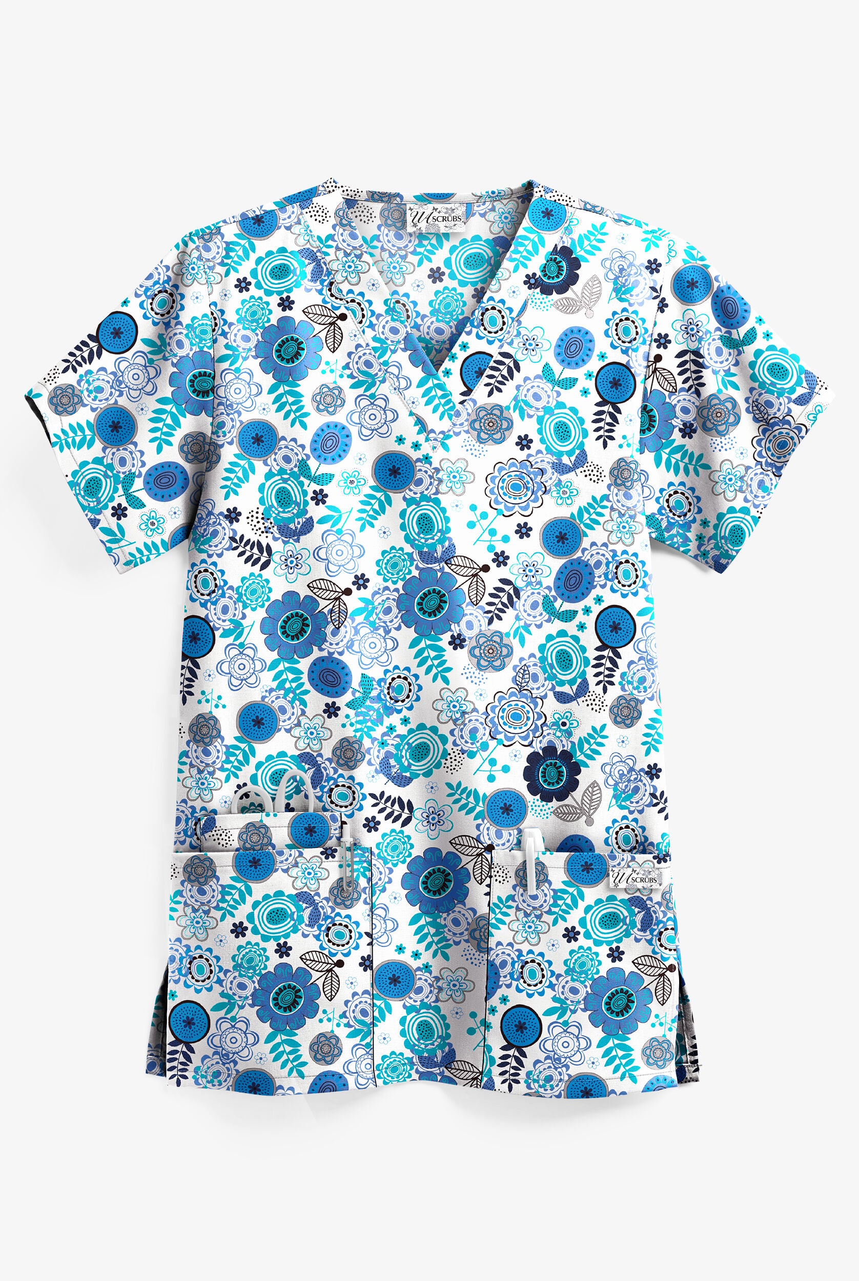 UA Whimsical Floral White V-Neck Print Scrub Top, Floral Scrubs