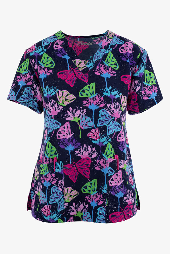 Zinnia Crystal Butterfly Floral Silver Glitter Women's 2-Pocket STRETCH ...