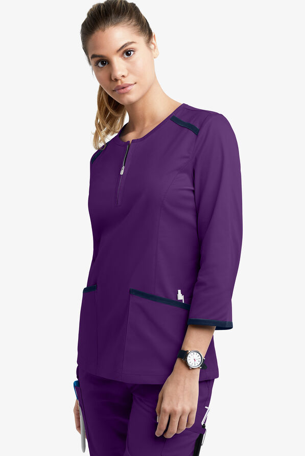 UA 3/4 Sleeve Scrub Top with Zip Closure, Fashion Solid Scrubs