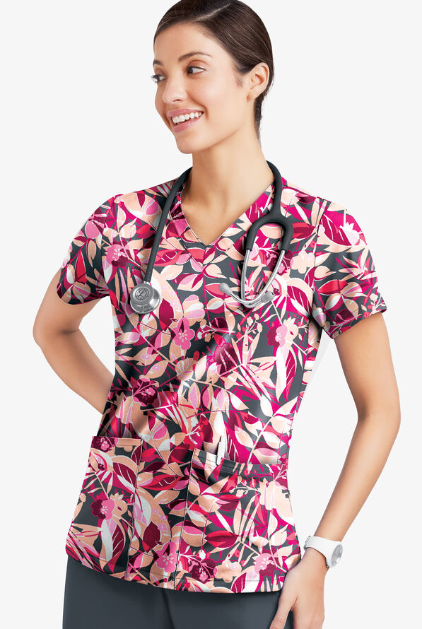 Easy STRETCH Tropical Floral Pewter Print Scrub Top, Stretch Scrubs