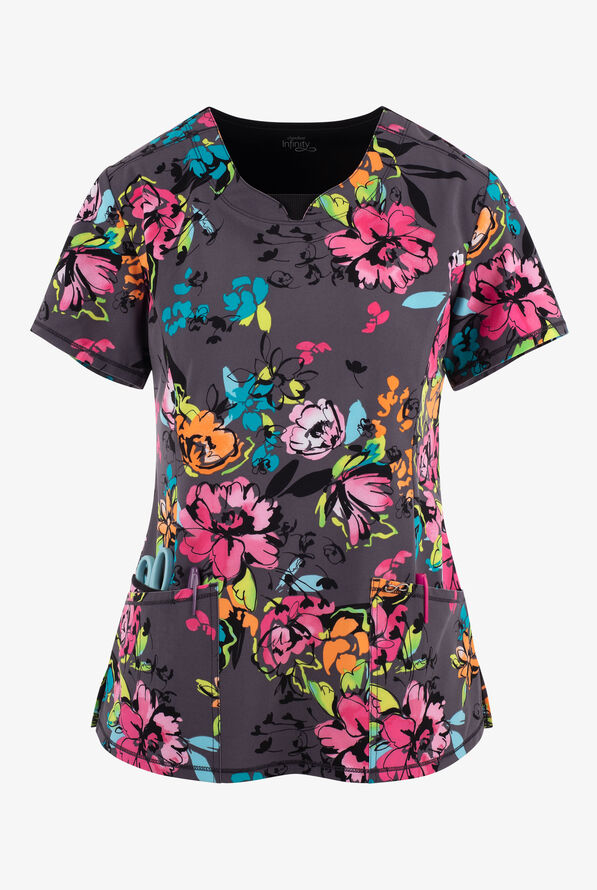 Cherokee Infinity Electric Blossoms Floral Women's 3-Pocket STRETCH V ...
