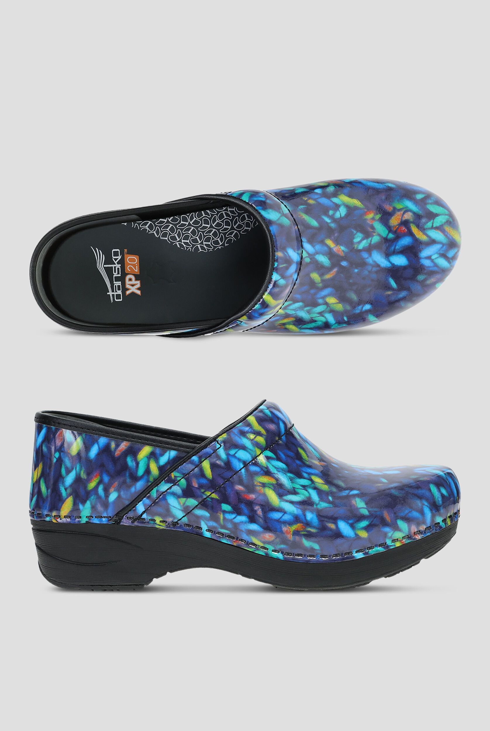 Dansko Women's XP 2.0 Slip Resistant Blue Knit Patent Leather Clogs ...