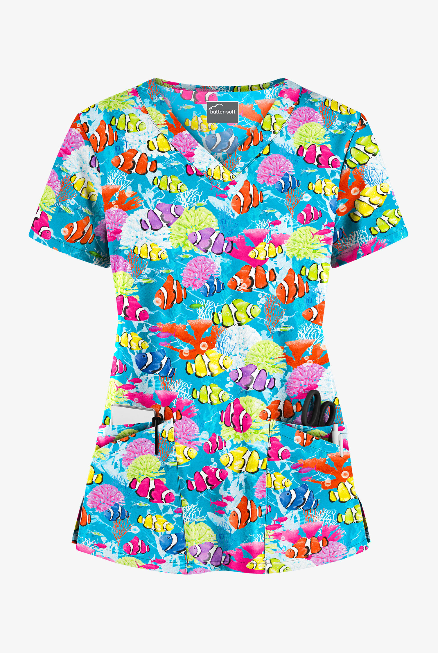 Butter-Soft Dazzling Turquoise V-Neck Print Scrub Top, Print Scrubs