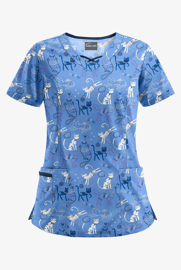 Butter-Soft Playful Cats Ceil Women's 3-Pocket Criss Cross Print Scrub ...