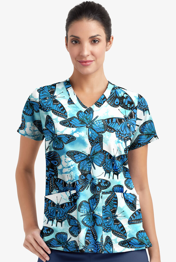 Easy STRETCH Butterfly Oasis White Printed Women's 2-Pocket V-Neck ...