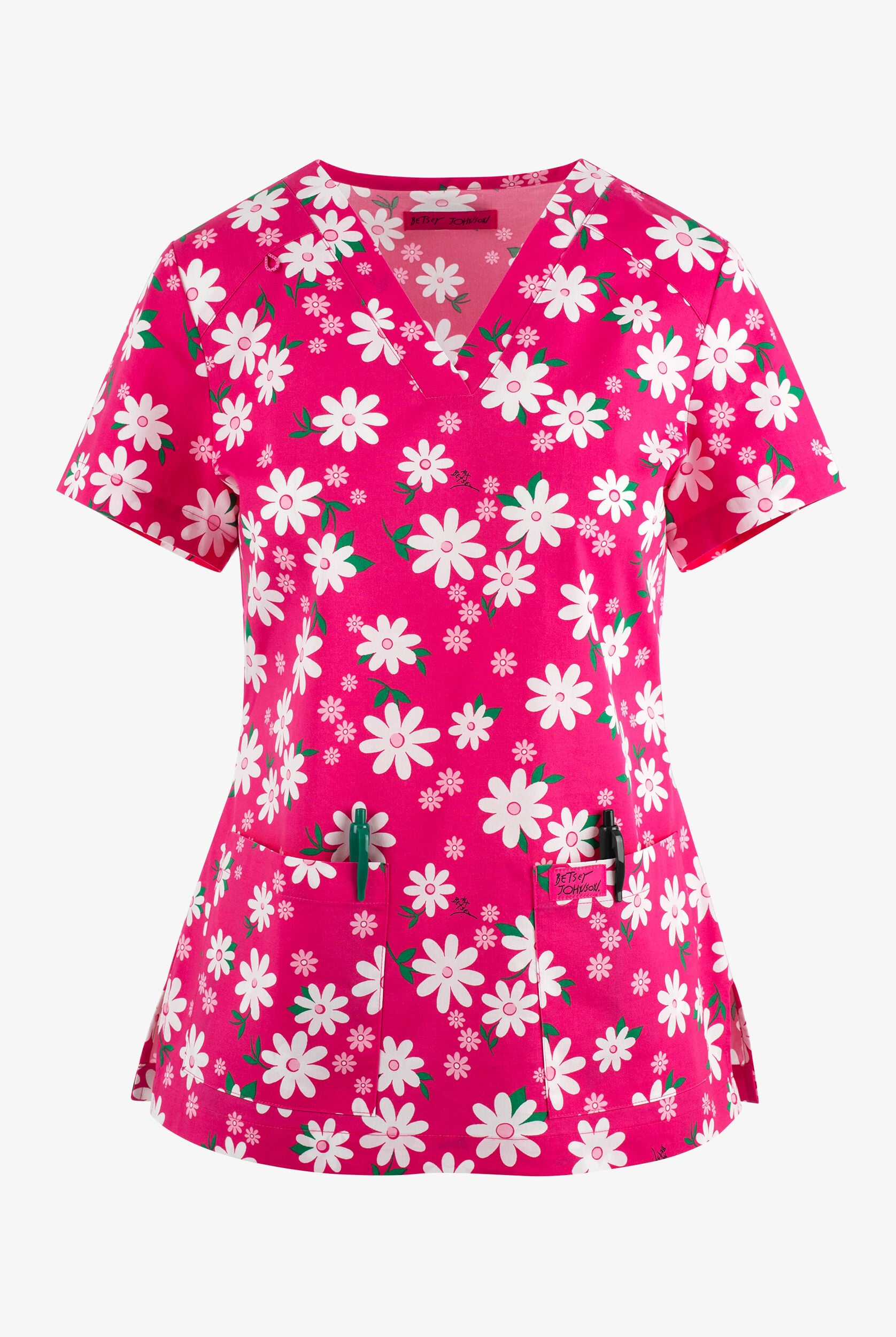 Betsy Johnson Happy Daisy Floral Women's 2-Pocket STRETCH V-Neck Print ...