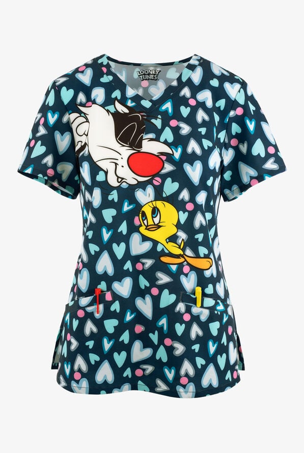 Looney Tunes Tweety Hearts Women's 2-Pocket STRETCH V-Neck Print Top ...