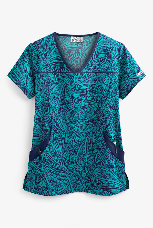 UA Paisley Delight Turquoise Princess Seam Scrub Top, Fashion Scrubs