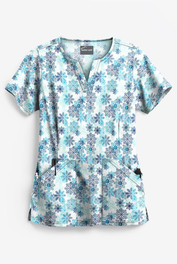 UA Falling Snowflakes Aqua Moon Notch Neck Scrub Top, Holiday Scrubs